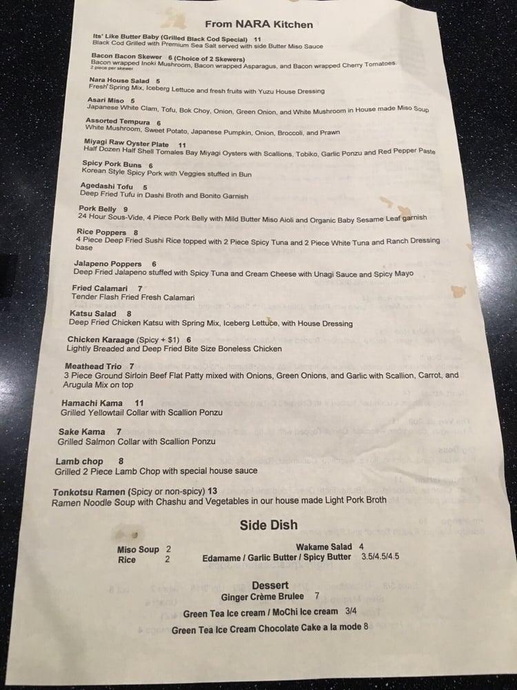 Menu at Nara restaurant, San Francisco, 518 Haight St