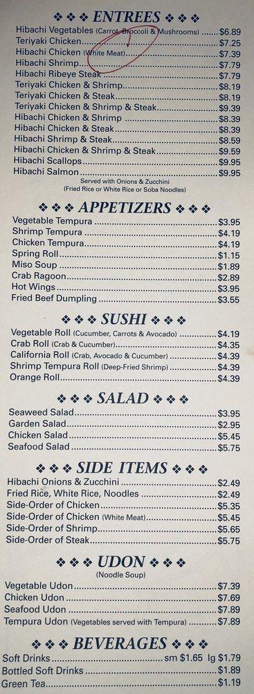 Menu at New Tokyo fast food, Durham