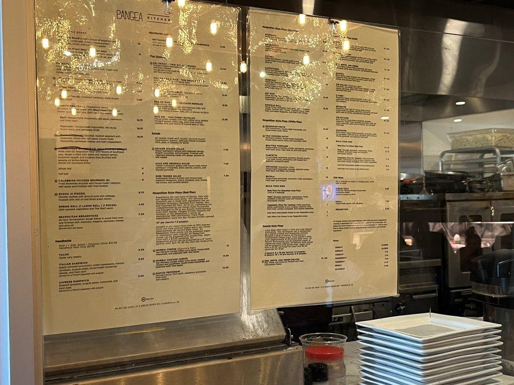 Menu at Pangea Kitchen pizzeria, Evansville