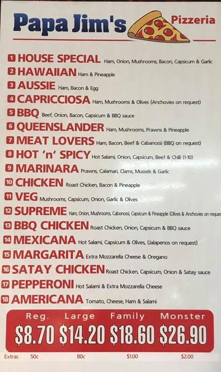 Menu at Papa Jims Pizzeria & Fish & Chippery, Kilmore