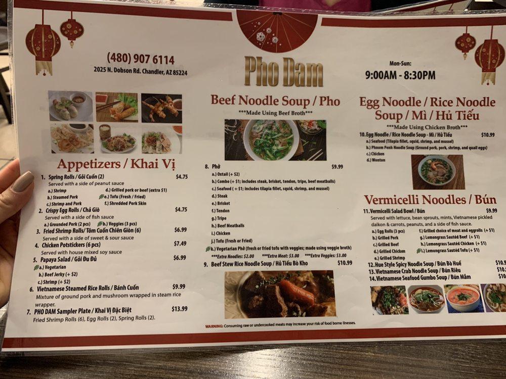 Menu at Pho Dam restaurant, Chandler