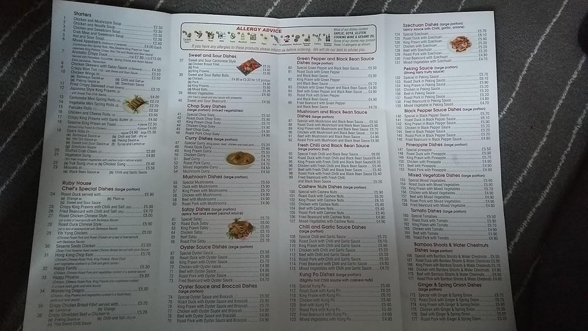 Menu at Ruby House fast food, Hucknall, 45 Charles St