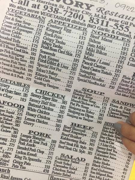 Menu at Savory Harrison restaurant, Pasay, F.B. Harrison St