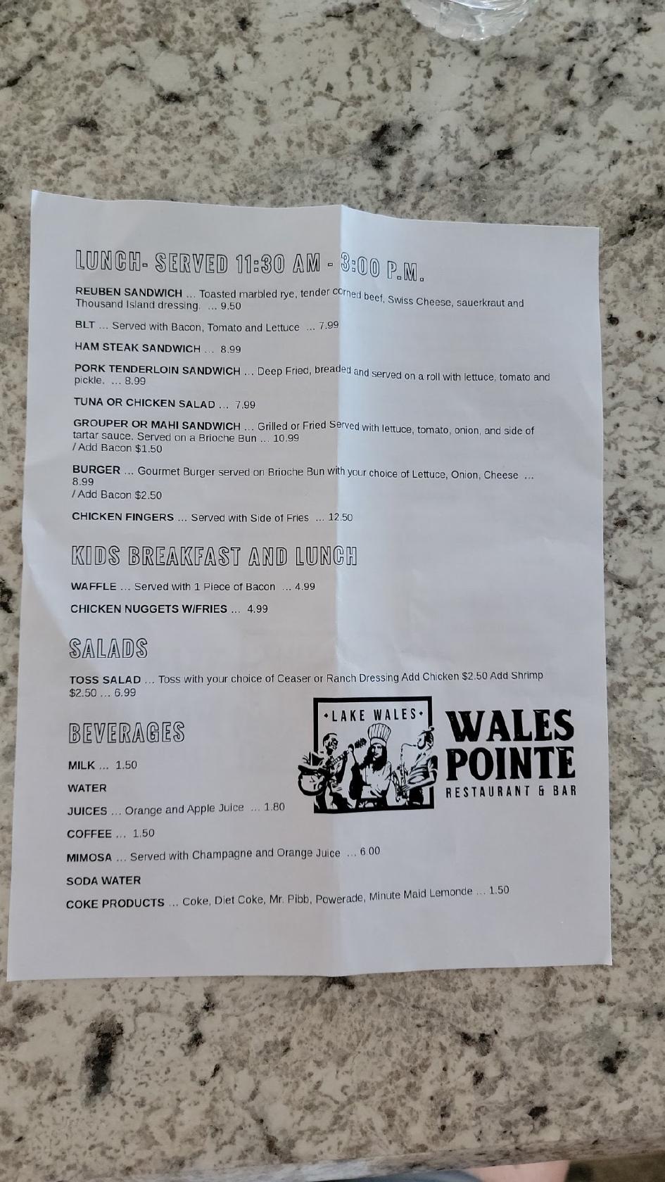 Menu at Wales Pointe pub & bar, Lake Wales