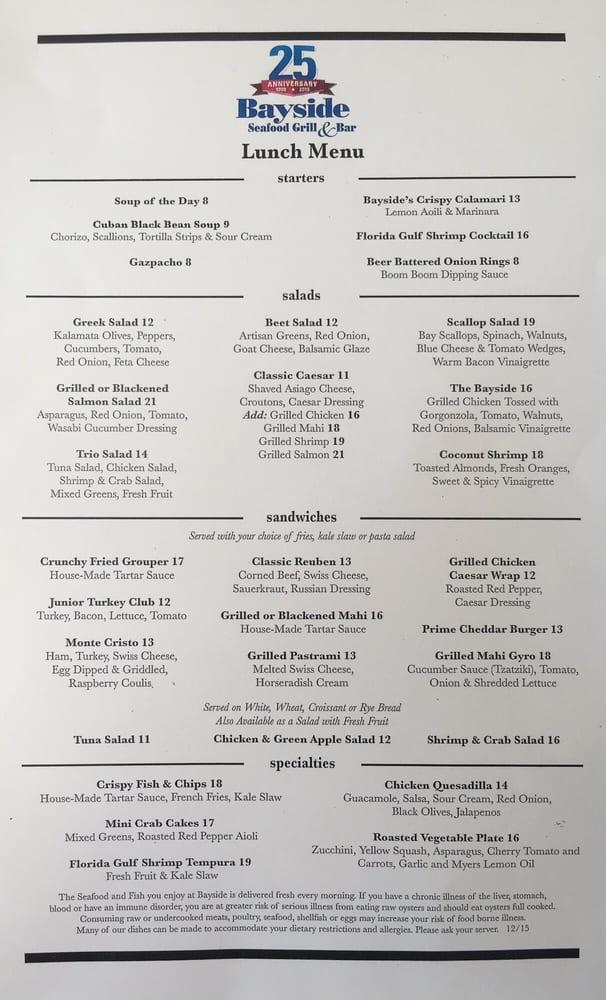 Menu at Bayside Seafood Grill & Bar, Naples