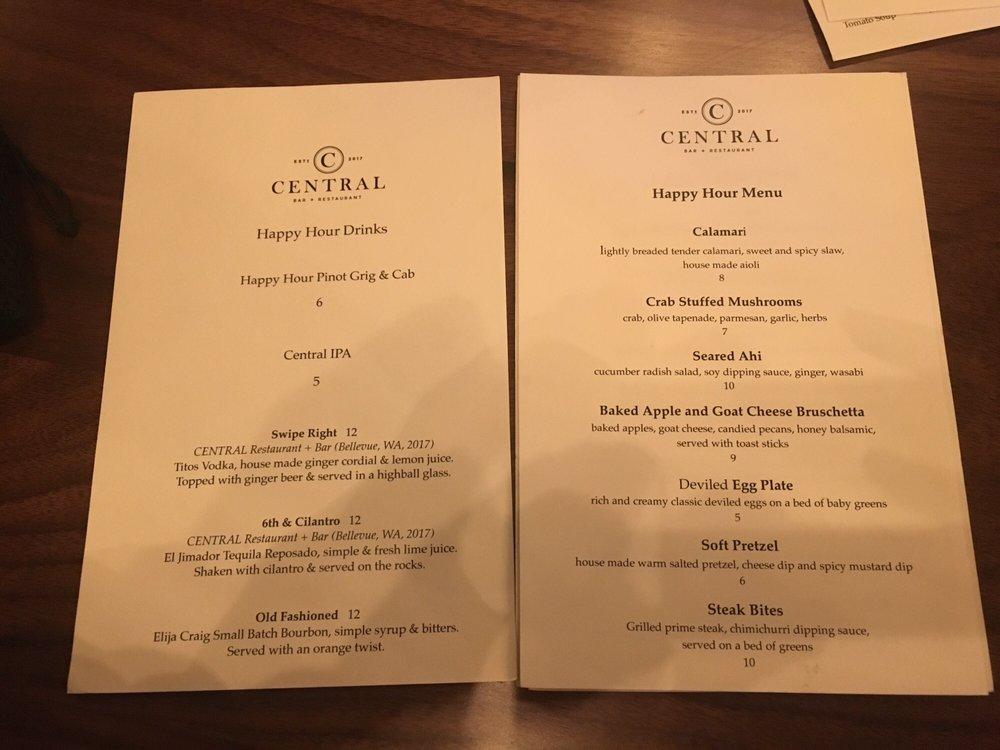 Menu at Central Bar + Restaurant, Bellevue