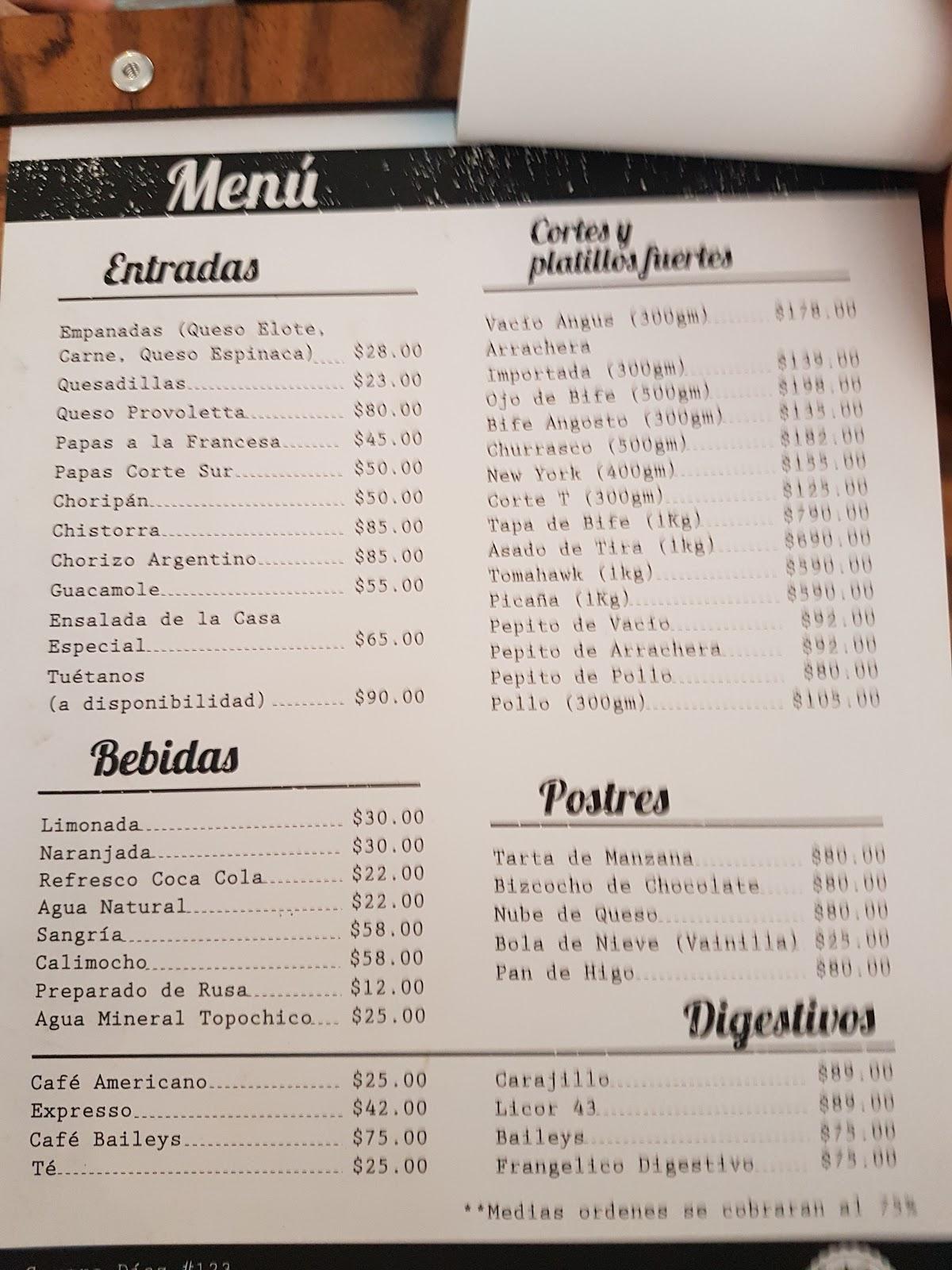 Menu at Corte Sur Parrilla, Guadalajara
