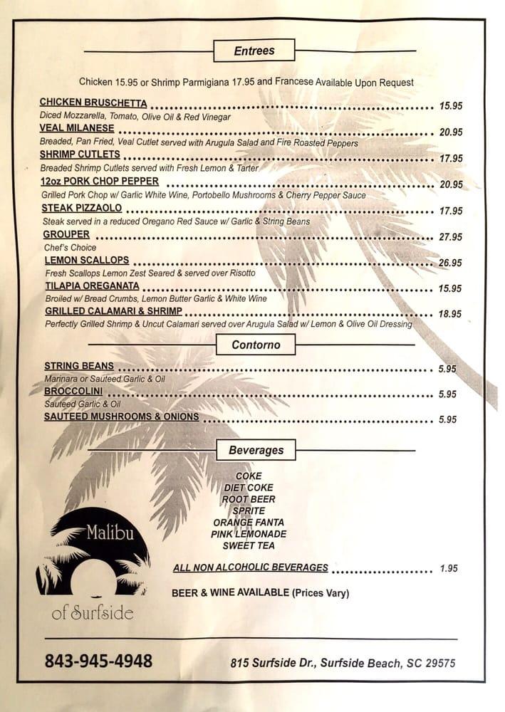 Menu at Malibu Of Surfside Italian Restaurant, Surfside Beach