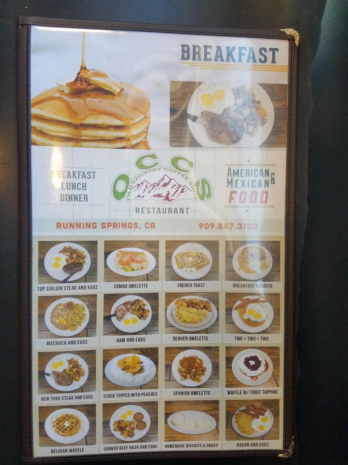 Menu at Old Country Coffee Shop restaurant, Running Springs