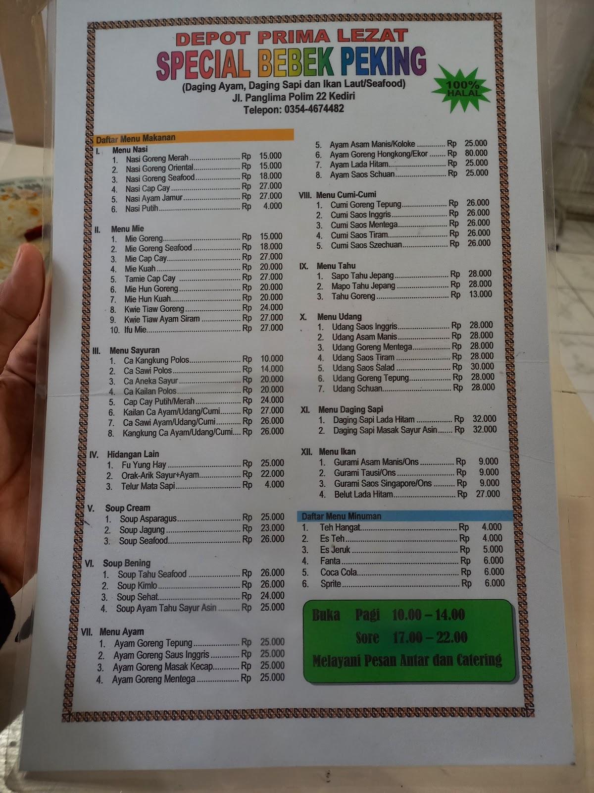 Menu at Prima Lezat Restaurant, Kediri