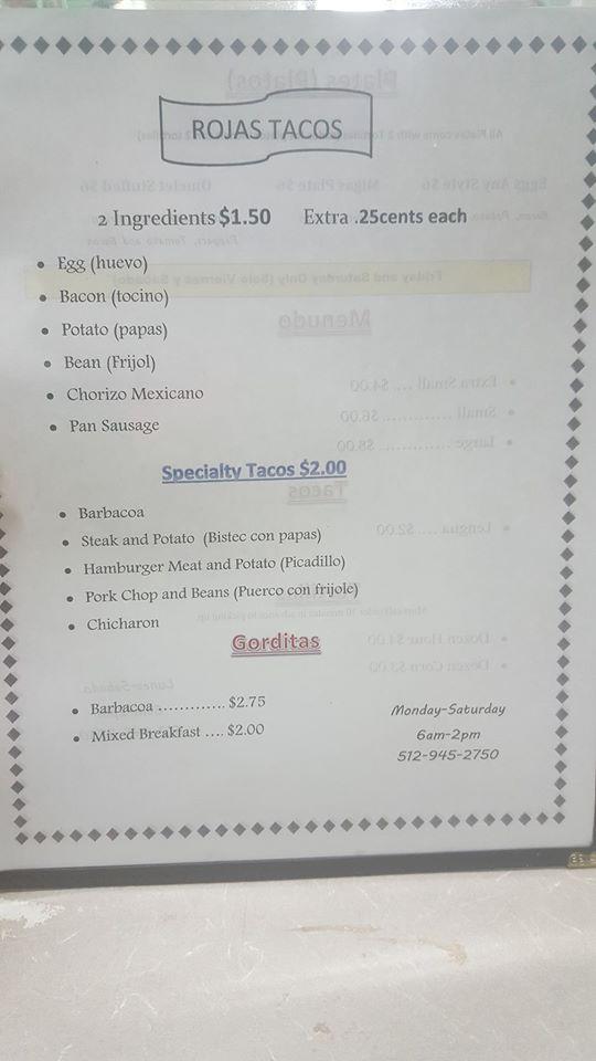 Menu at Rojas Tacos restaurant, Taylor