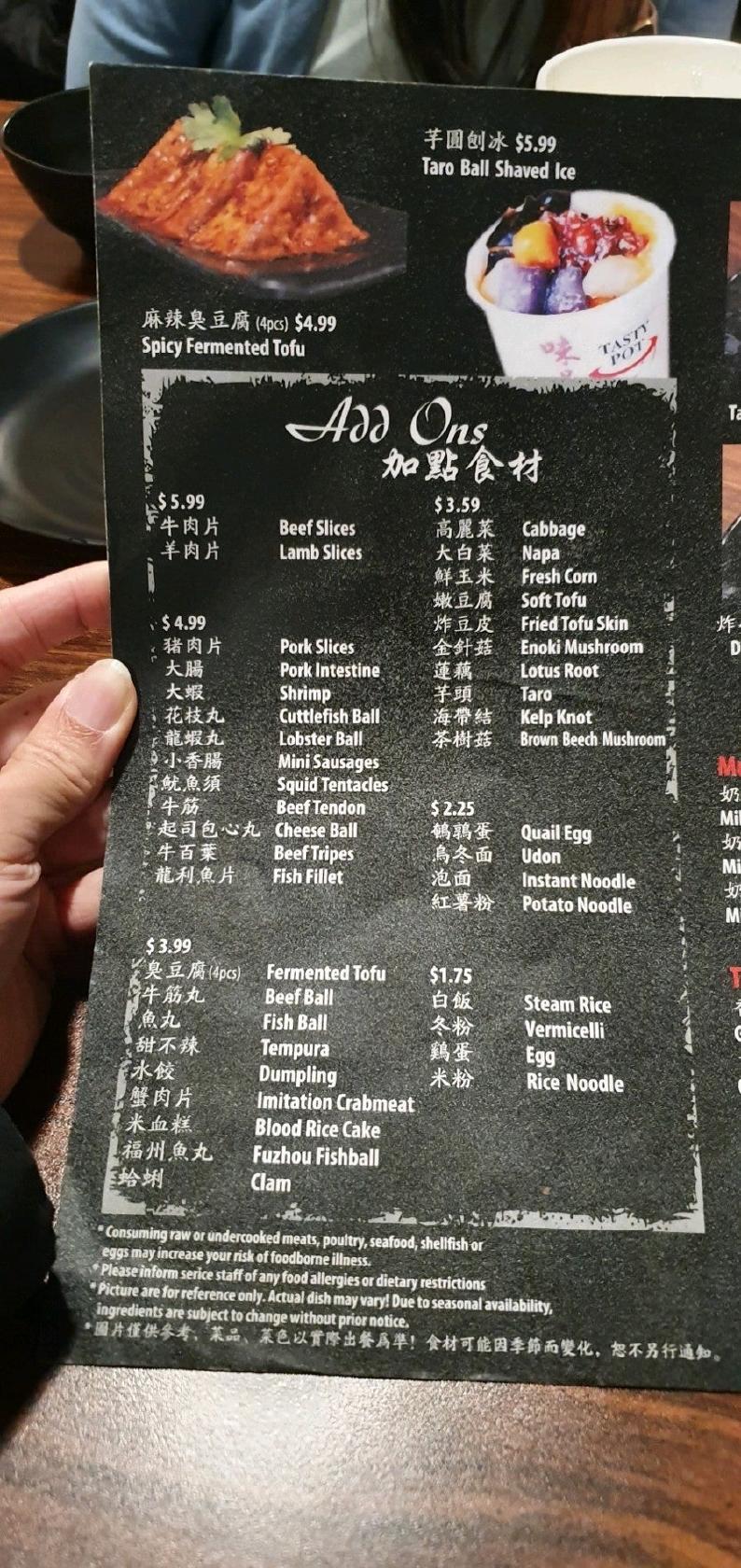Carta de Tasty Pot Taiwanese Restaurant 味鼎, Richmond Hill