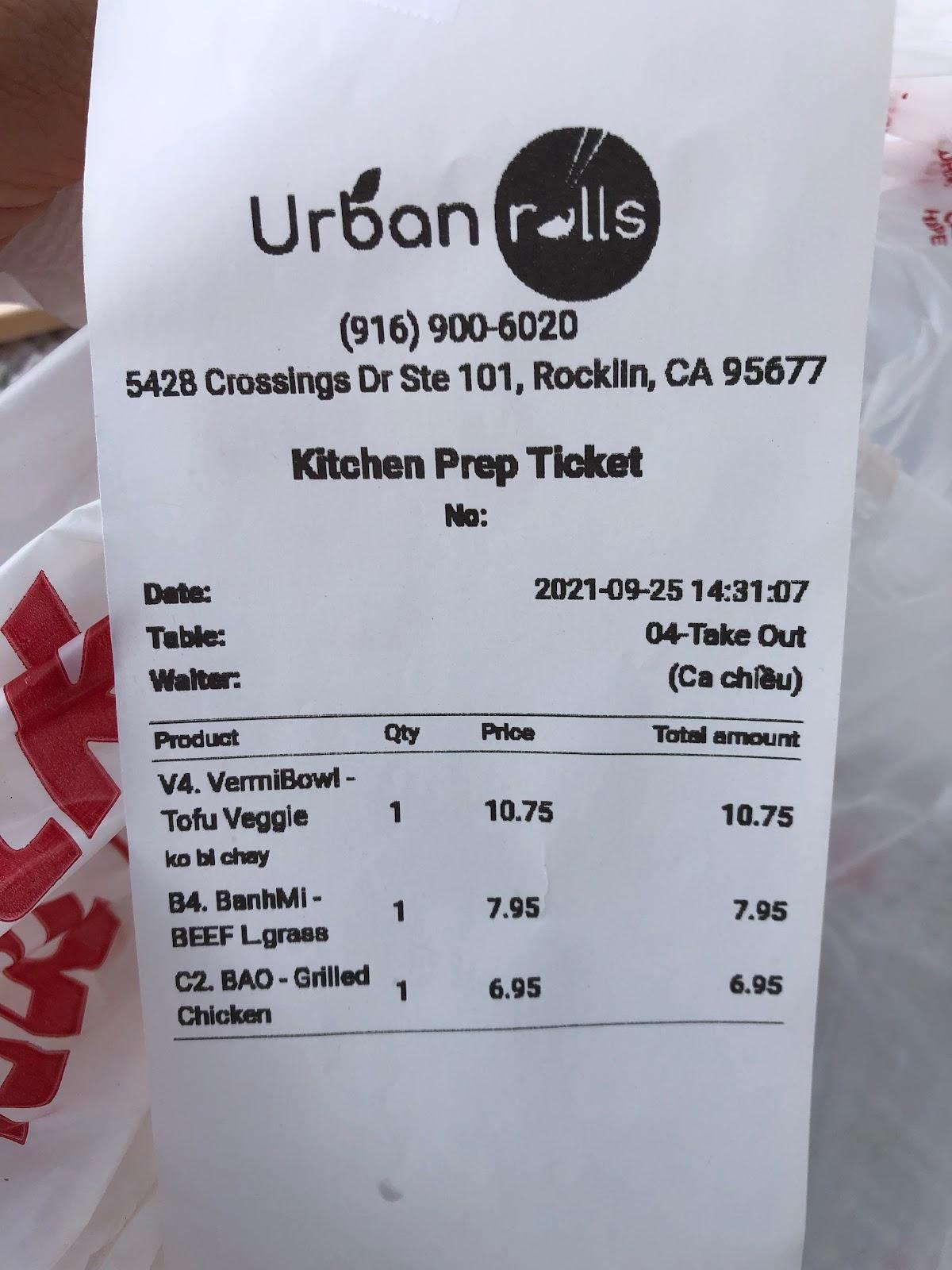 Menu at Urban Rolls cafe, Rocklin