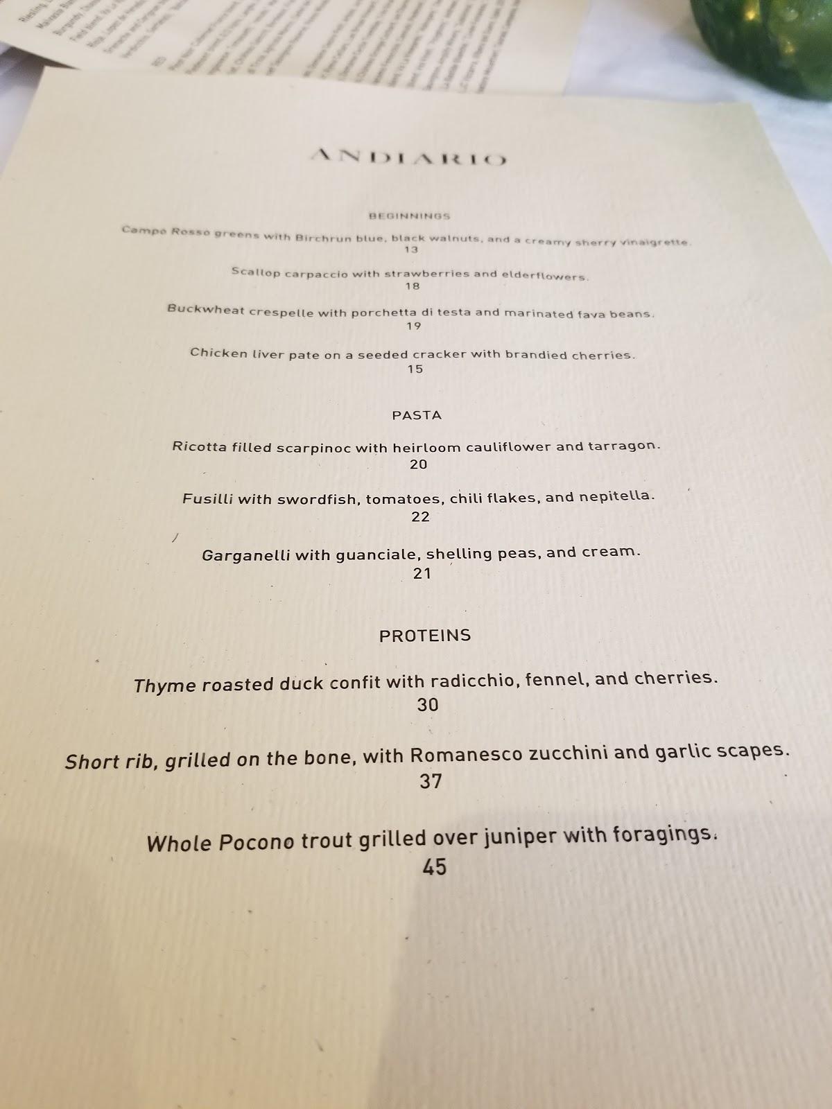 Menu at Andiario restaurant, West Chester
