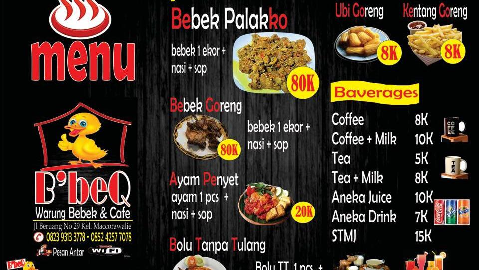 Menu at B’beQ ( Warung Bebek & Cafe ), Macorawalie