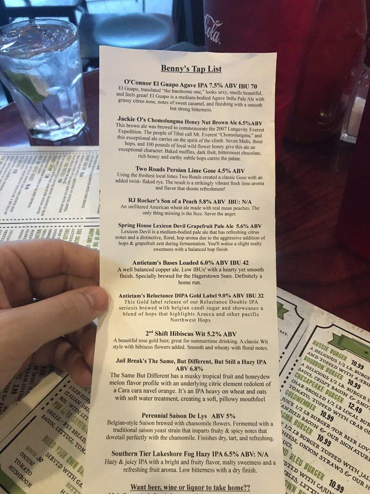 Menu at Benny's Pub, Hagerstown