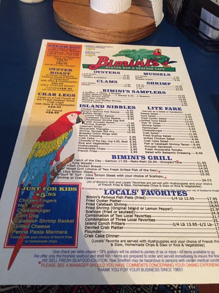 Menu at Bimini's Oyster Bar & Seafood Market - MYRTLE BEACH, Myrtle Beach