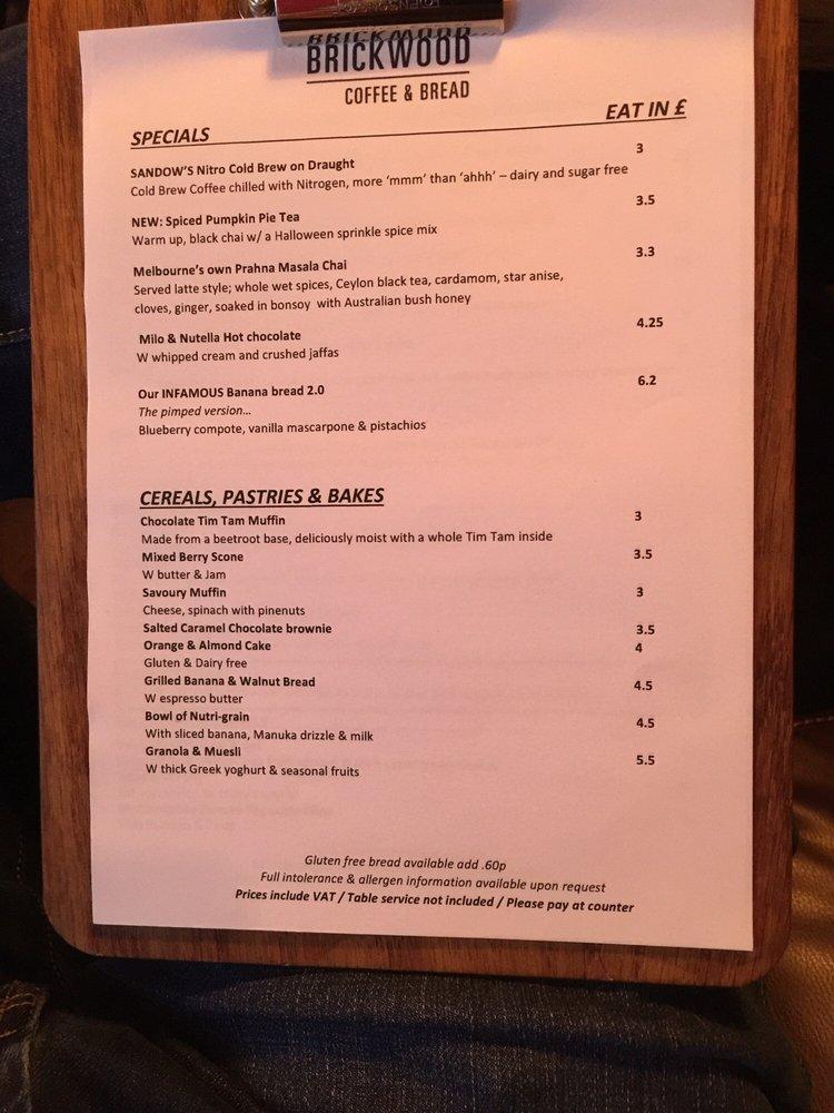 Menu at Brickwood Coffee & Bread cafe, London, 11 Hildreth St