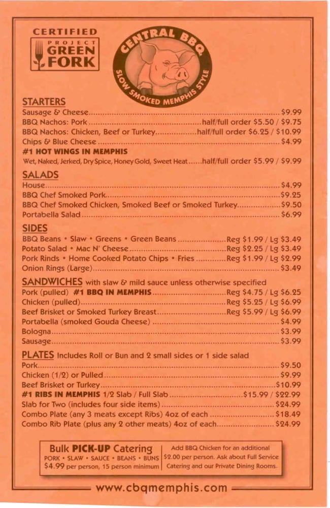Menu at Central BBQ - Downtown, Memphis, 147 E Butler Ave
