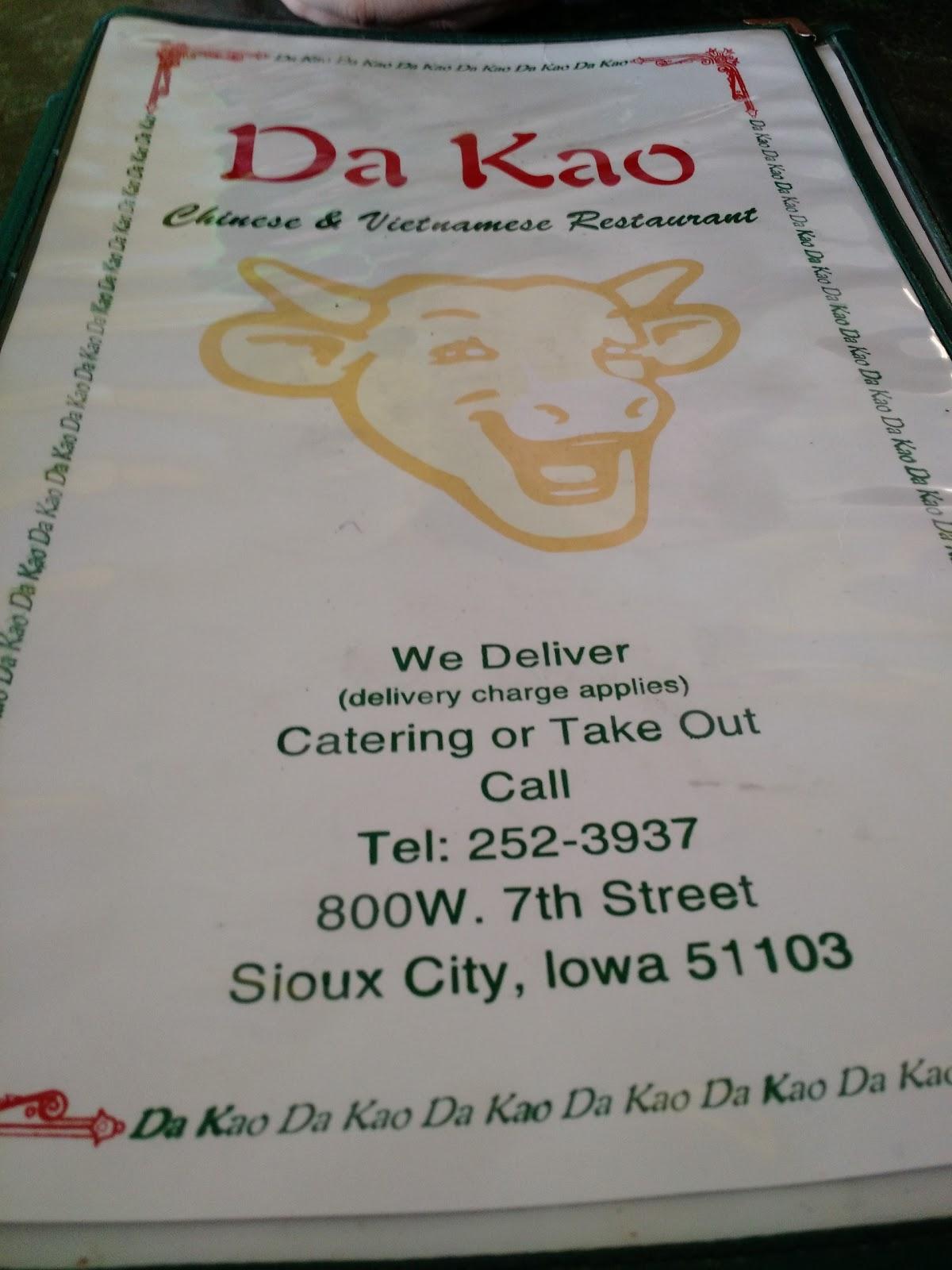 Menu at Da-Kao Restaurant, Sioux City