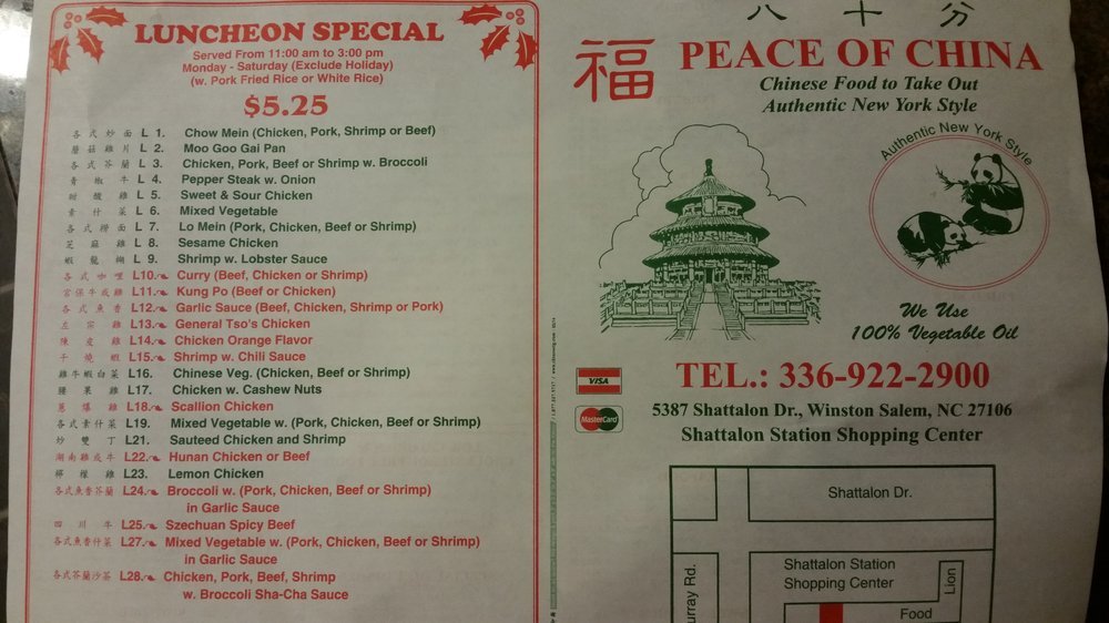 Menu at Peace of China restaurant, Winston-Salem