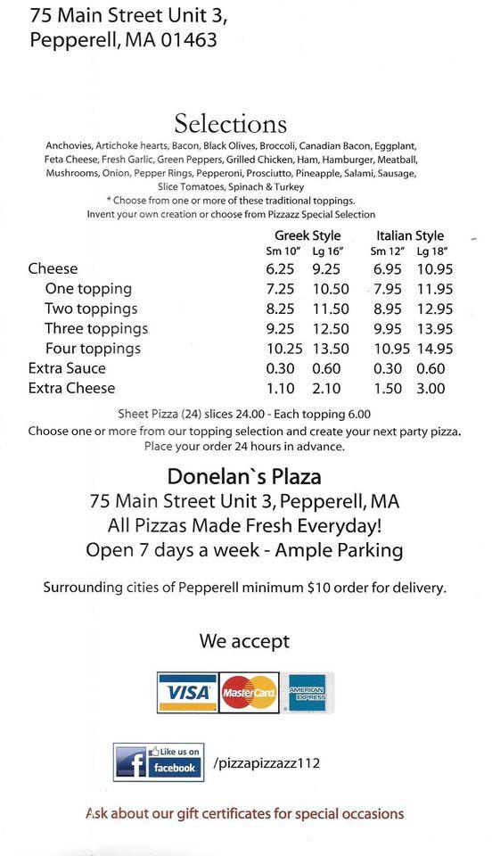 Menu at Pizza Pizzazz pizzeria, Pepperell