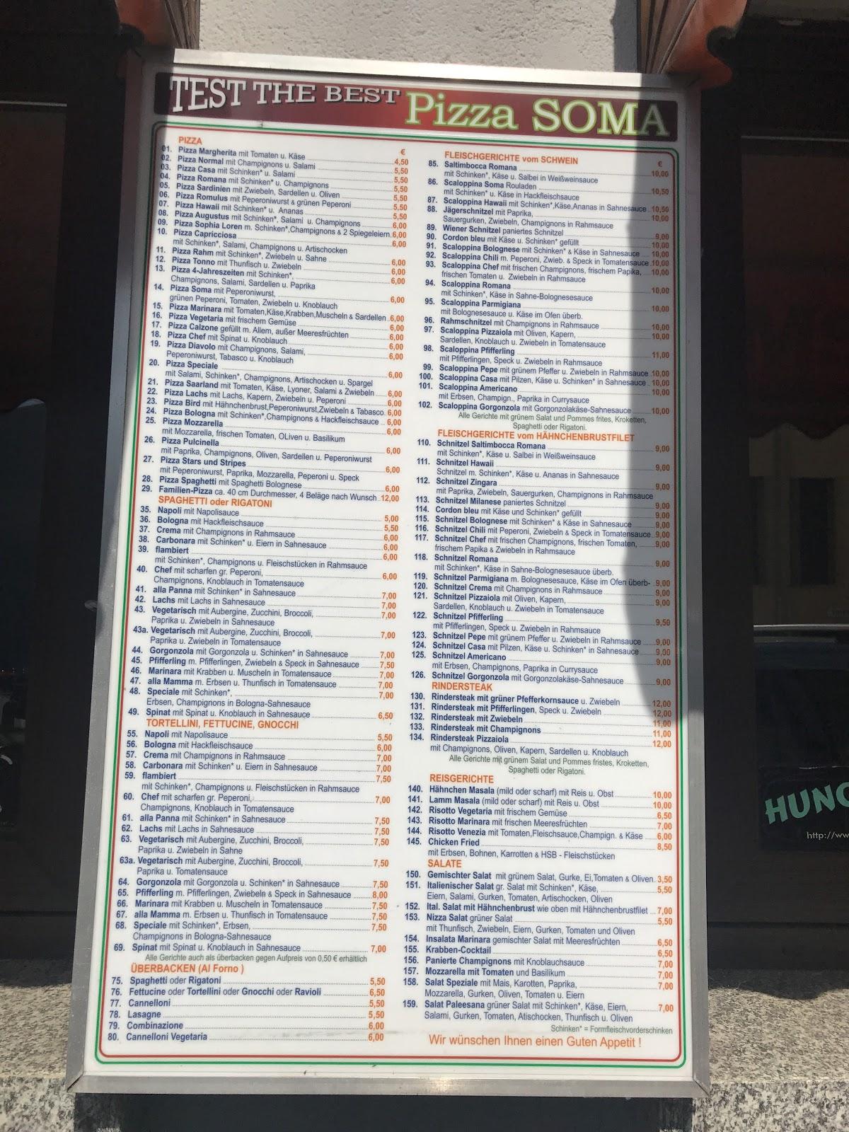 Speisekarte von Pizzeria Soma, Saarbrücken