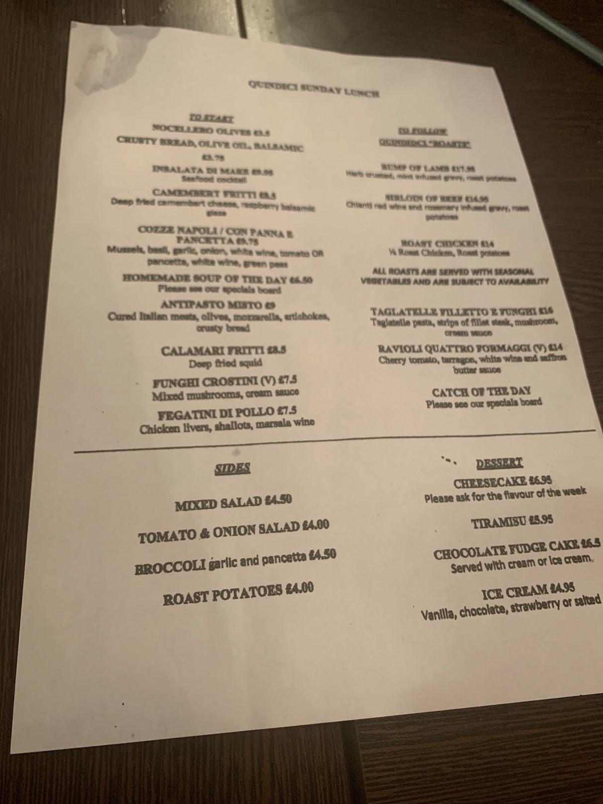 Menu at Quindici restaurant, Loughton