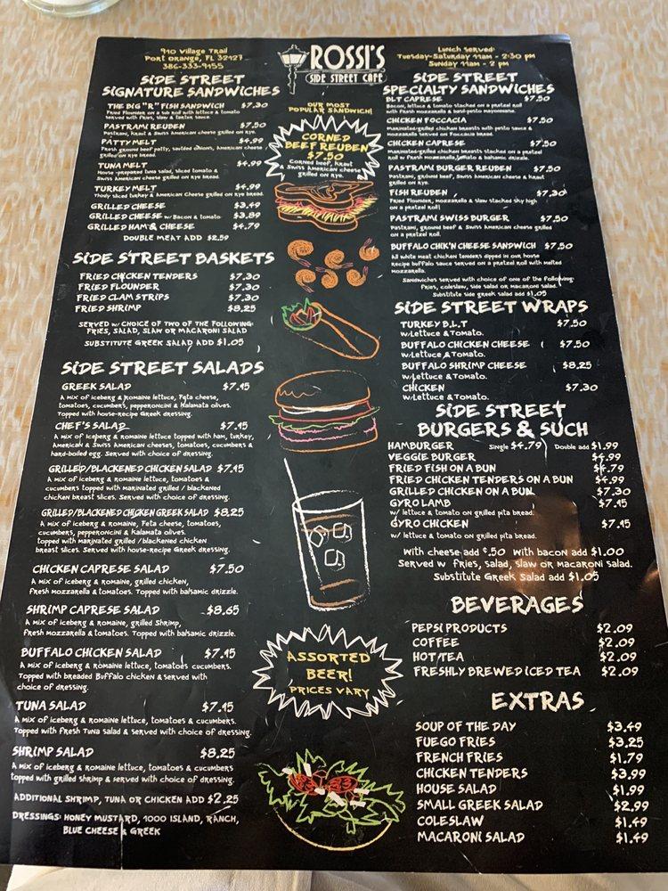 Carta de Rossi's Side Street Cafe, Port Orange, 910 Village Trail