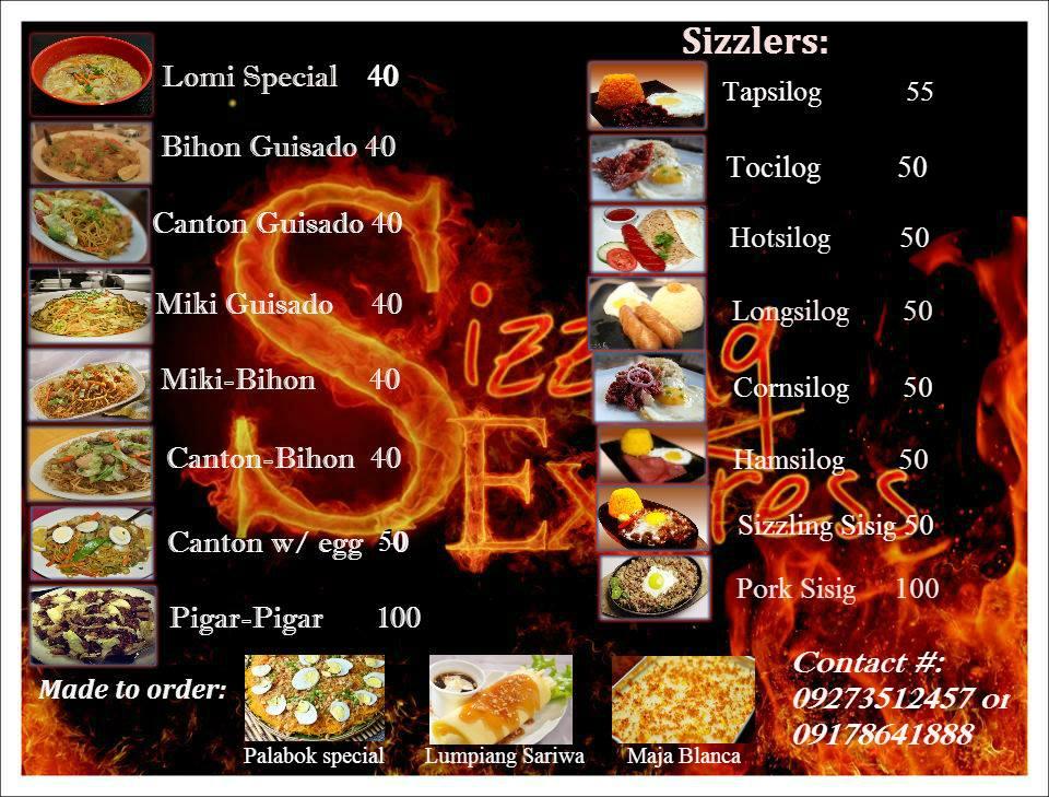 Menu at Sizzling Express restaurant, Urdaneta City