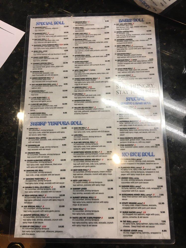 Menu at Sushi Hero restaurant, Las Vegas