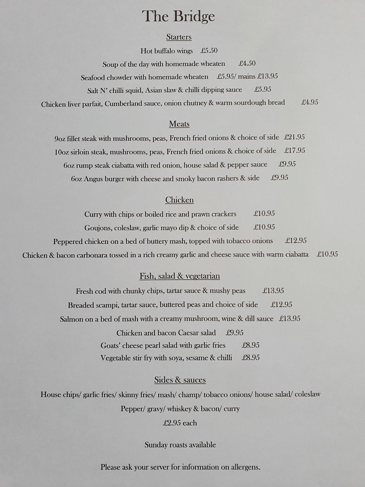 Menu at The Bridge Bar & Restaurant, Dunloy