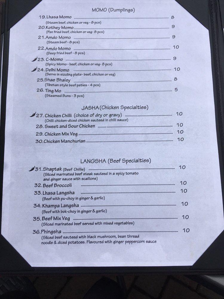 Menu at Tibet Kitchen restaurant, Toronto