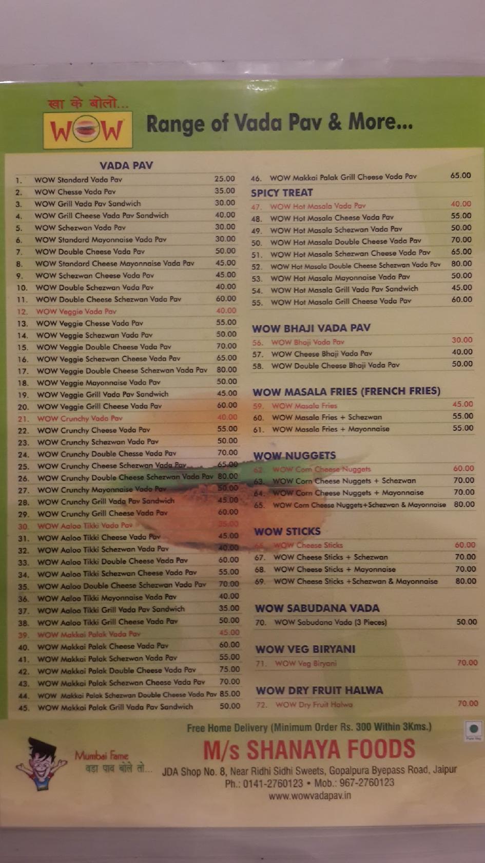 Menu at Wow & Chaat Chatore, Jaipur