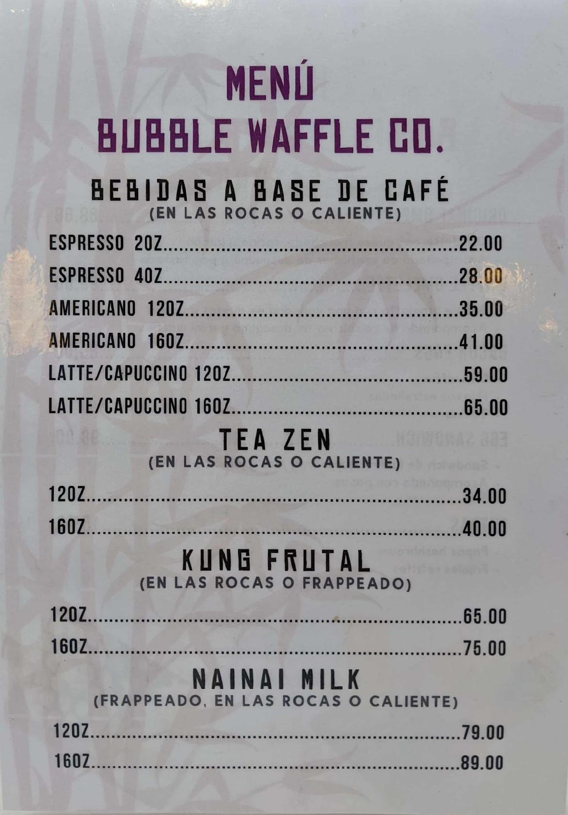 Carta de cafetería Bubble Waffle Co., Mexicali