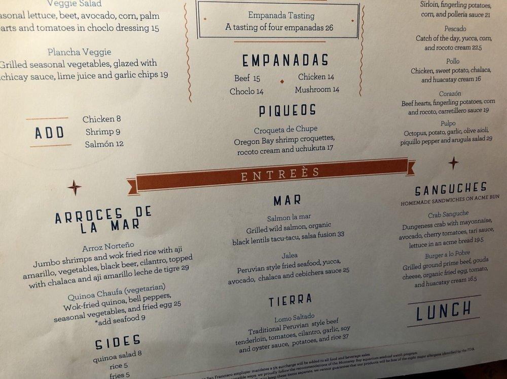 Menu at La Mar Cocina Peruana restaurant, San Francisco
