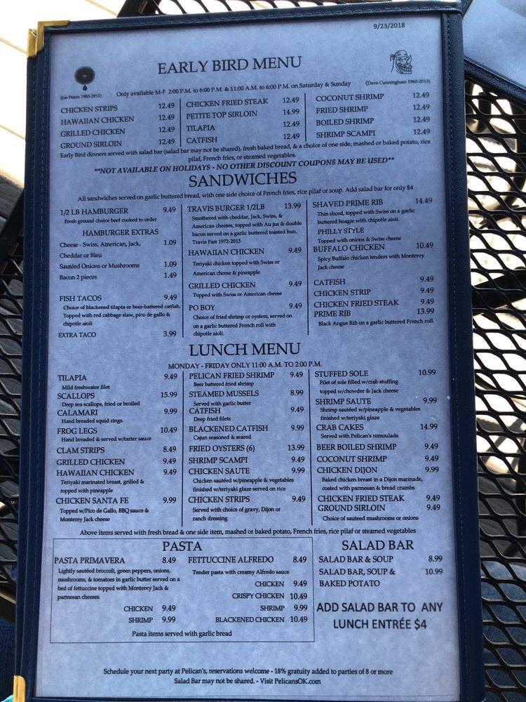 Menu at Pelican's Restaurant, Midwest City
