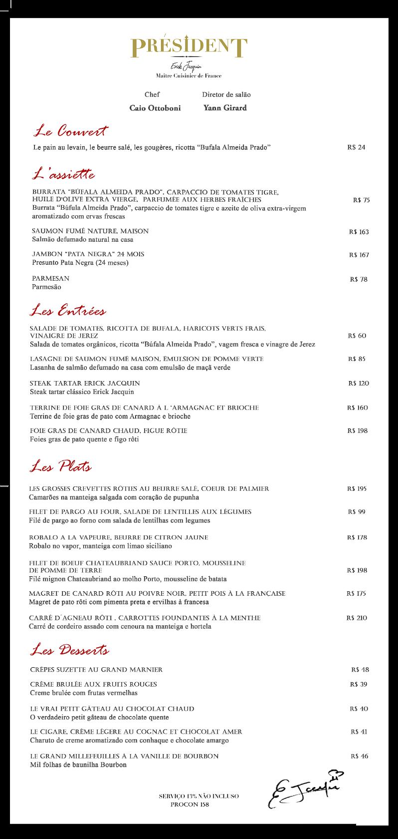 Menu at Restaurante Président - Chef Érick Jacquin, São Paulo