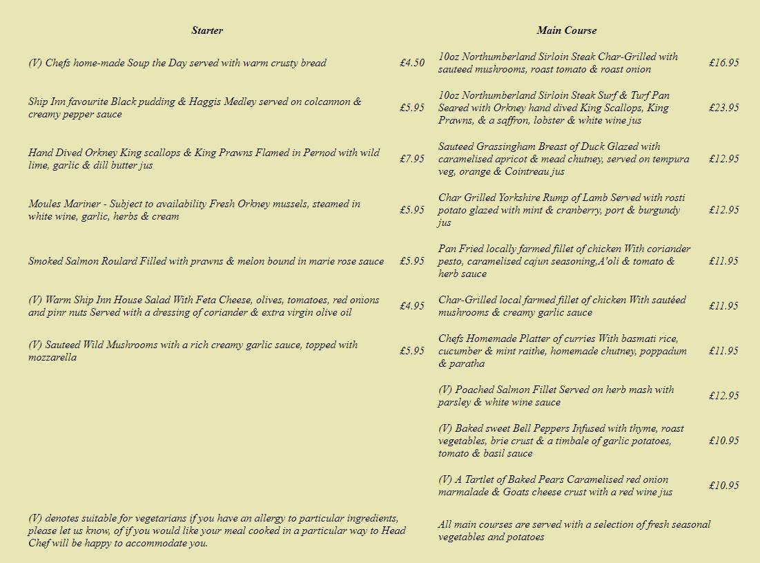 Menu at The Ship Inn restaurant, Hartlepool, Mickle Hill Rd