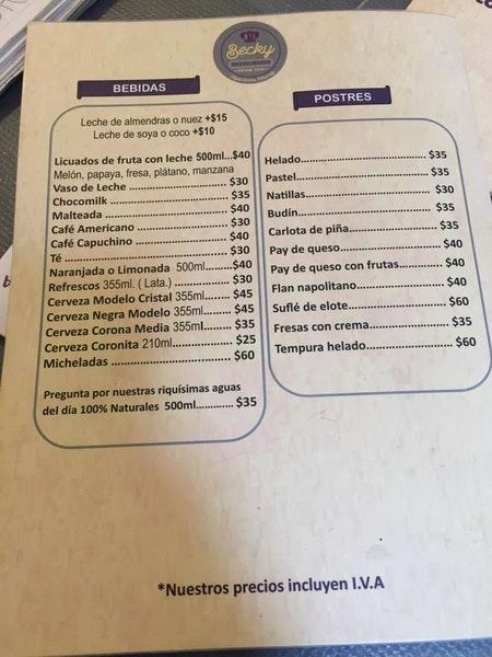 Menu at Becky's restaurant, Agua Dulce
