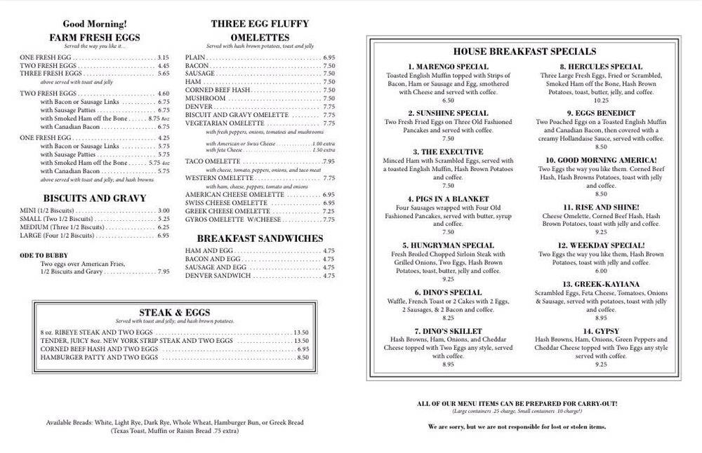Menu at Dino's Restaurant, Marengo