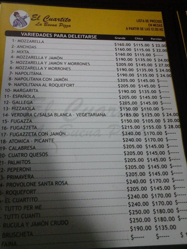 Carta de pizzería El Cuartito, Buenos Aires, Talcahuano 937
