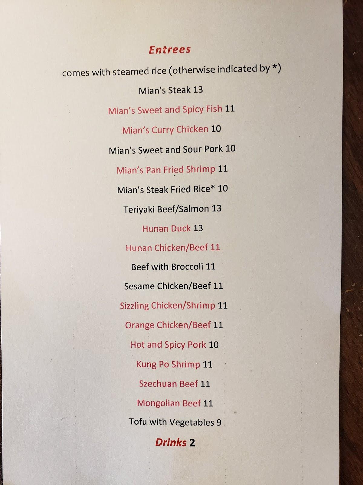 Menu at Mian Bistro restaurant, Abilene, Buffalo Gap Rd #D