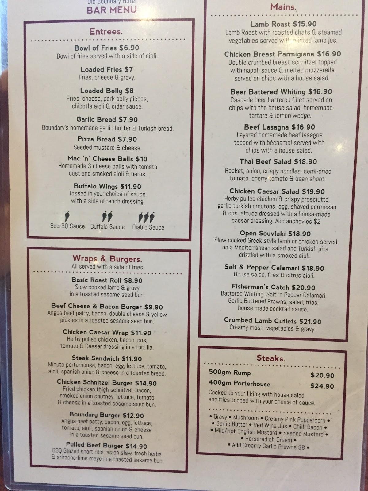 Menu at Old Boundary Hotel pub & bar, Bendigo