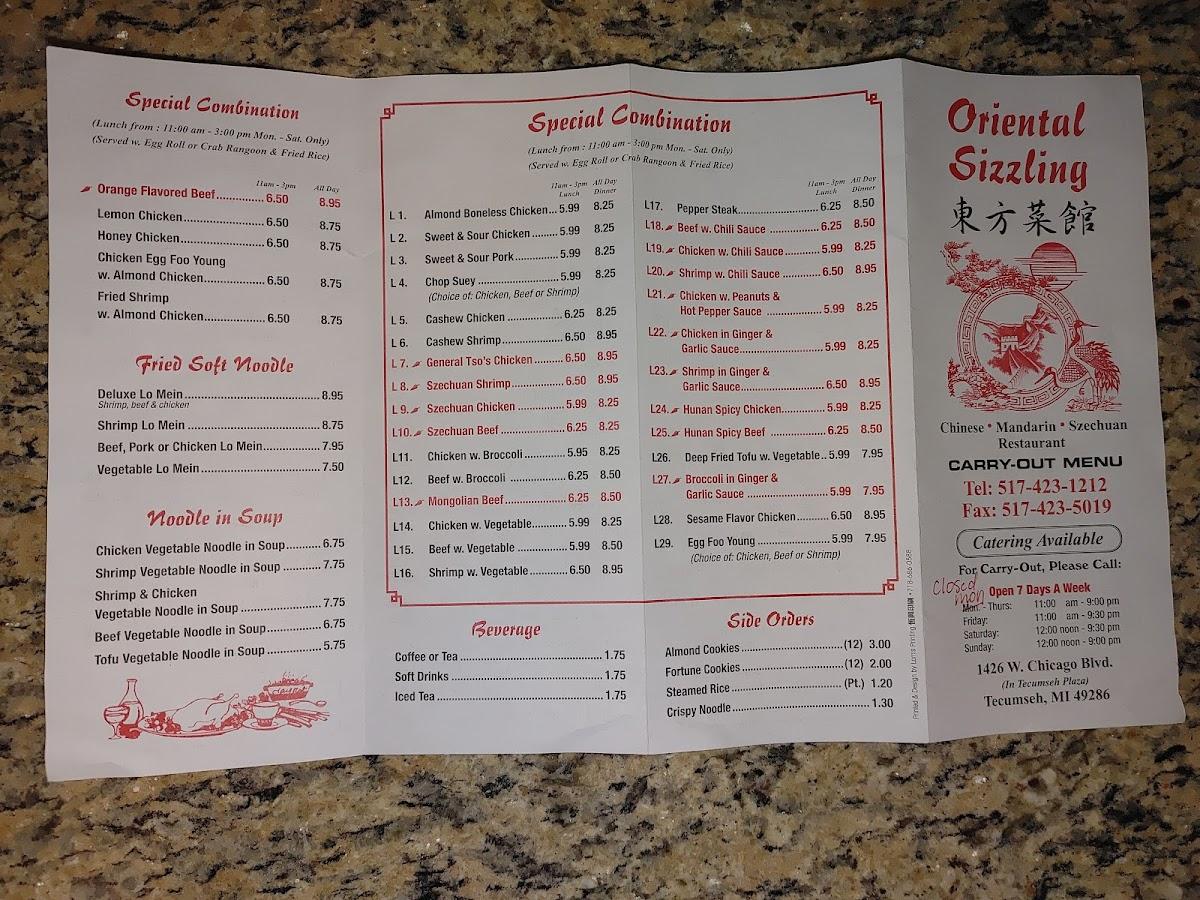 Menu at Oriental Sizzling restaurant, Tecumseh