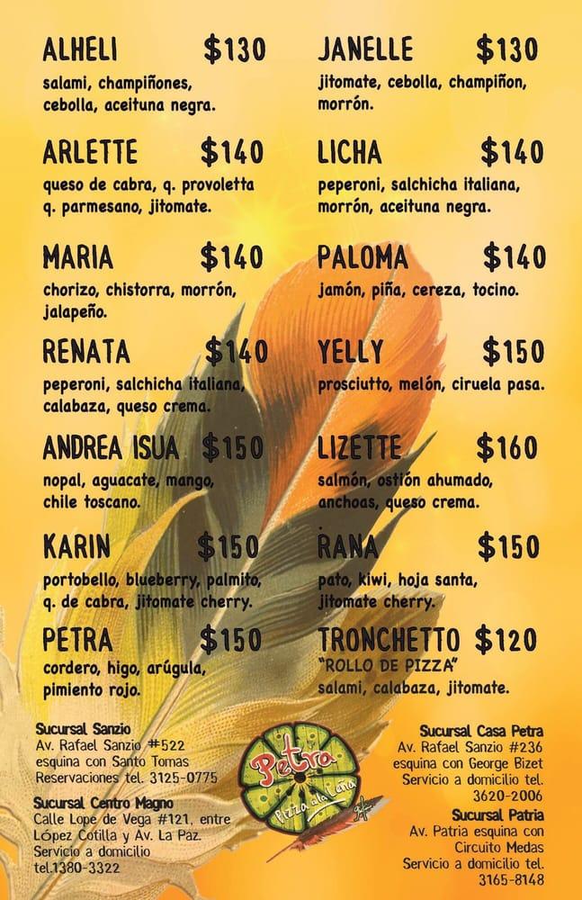 Carta de pizzería Petra Pizza a la Leña, Zapopan, Av Rafael Sanzio 522