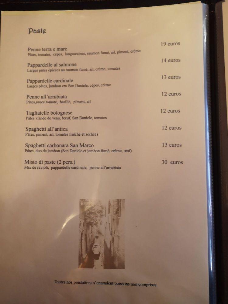 Menu at San Marco restaurant, Nantes
