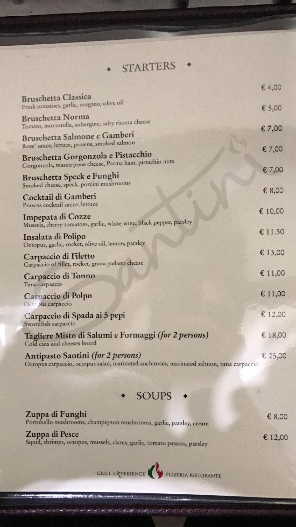 Menu at Santini Restaurant, Saint Julian's