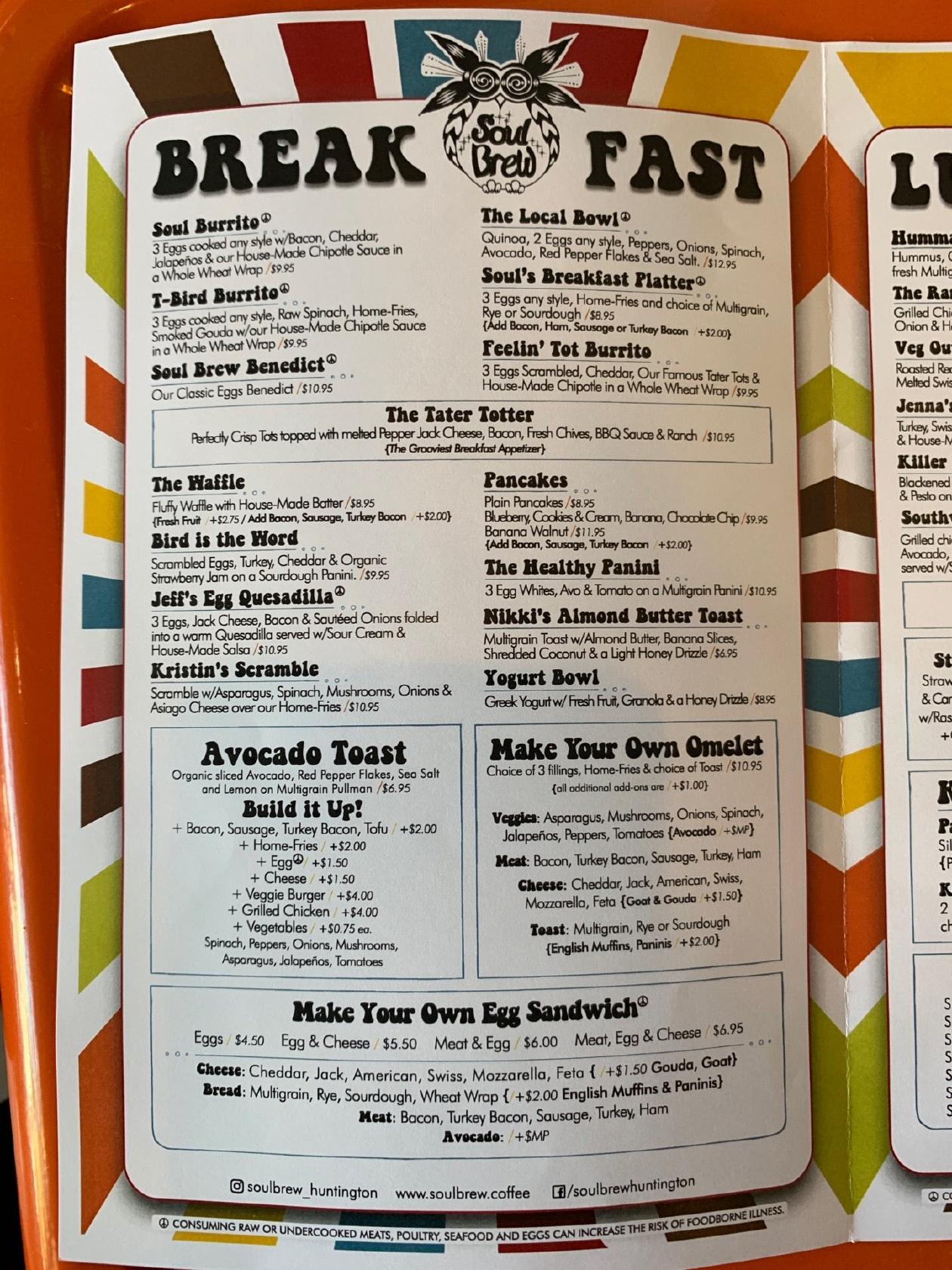 Menu at Soul Brew Huntington restaurant, Huntington