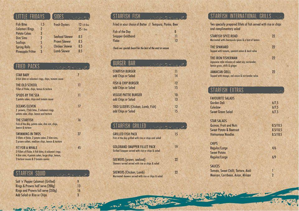 Menu at Starfish bar, Moonah